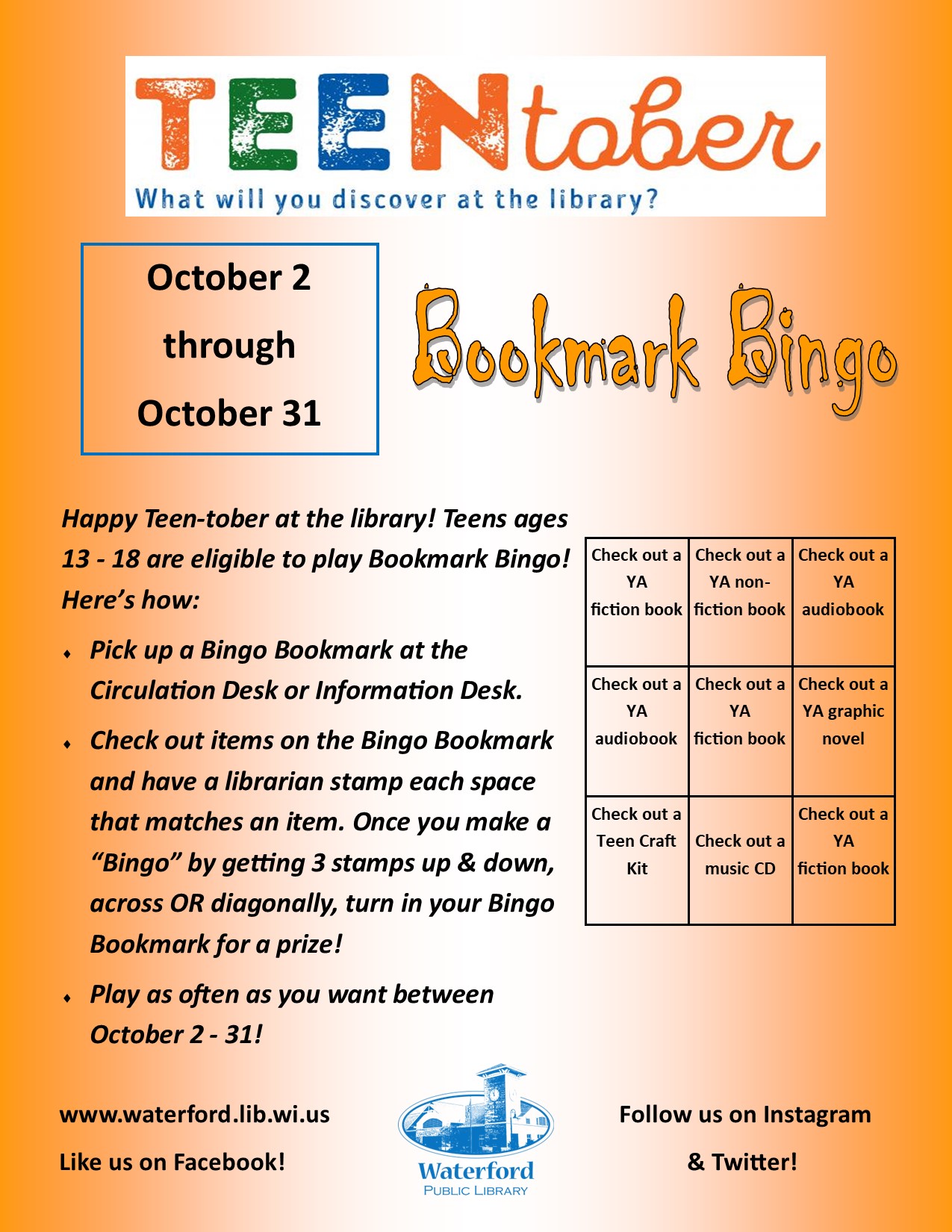 Teen-tober Bookmark Bingo